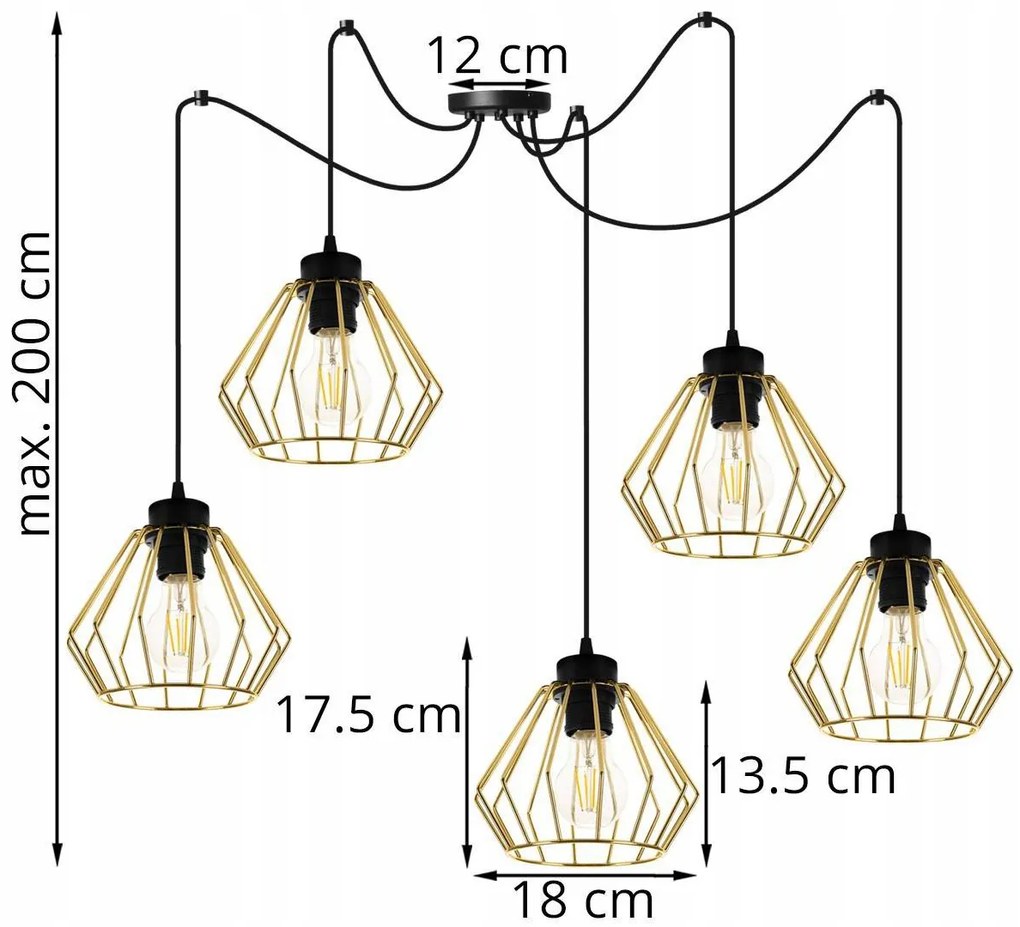 Závěsné svítidlo NUVOLA SPIDER 1, 5x zlaté drátěné stínítko