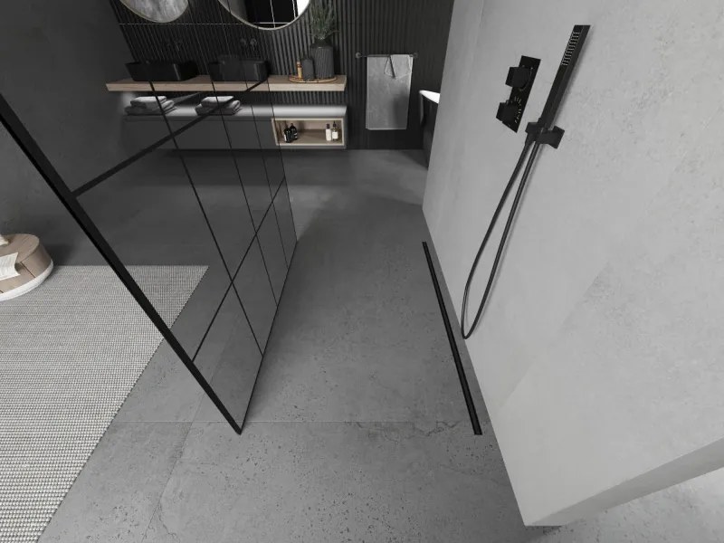 Mexen Kioto, sprchová zástěna Walk-In 150 x 200 cm, 8mm sklo černý vzor, černý profil, 800-150-002-70-77