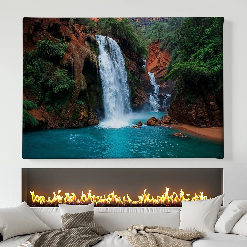 Obraz na plátně - Vodopády pod červenou skálou FeelHappy.cz Velikost obrazu: 120 x 80 cm