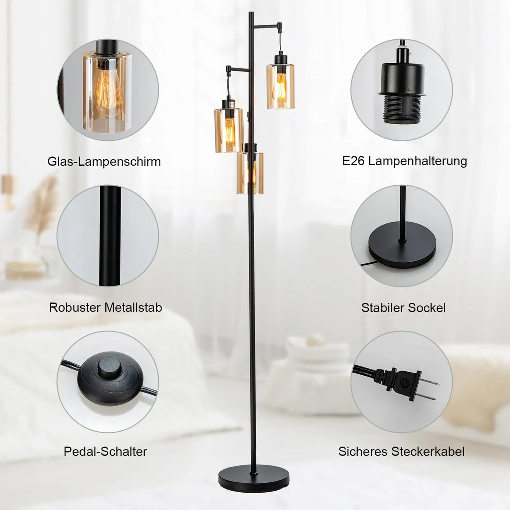 Costway Stojací lampa 164 cm s 3 závěsnými stínidly z jantarového skla a nožním
