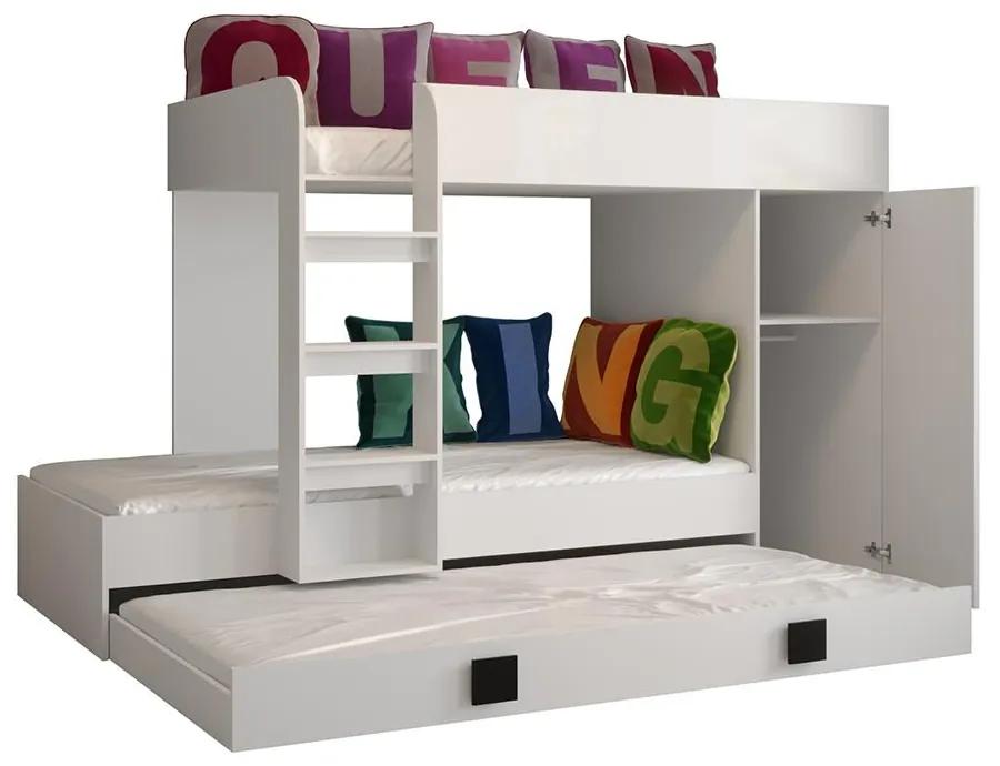 Dvoupatrová postel s přistýlkou TOLEDO 2 | bílá/bílá-lesk-šedé úchyty | UNIVERZÁLNÍ