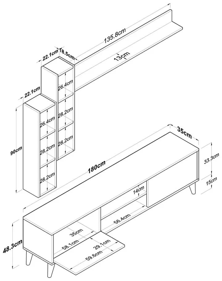 Bílo/přírodní TV sestava v dekoru ořechu 180x48 cm Veronica – Kalune Design