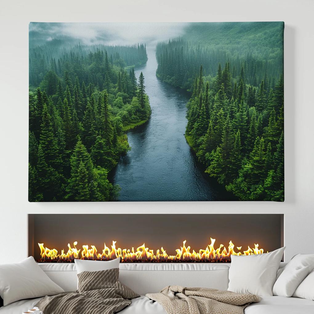 Obraz na plátně - Jehličnaté údolí s mlžnou řekou FeelHappy.cz Velikost obrazu: 60 x 40 cm