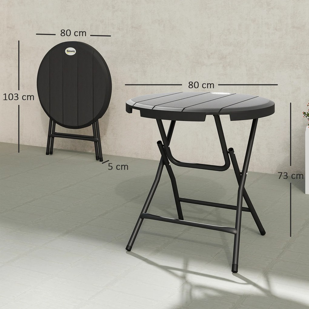 Zahradní stůl Outsunny pro 4 osoby, kulatý skládací stůl Ø80 cm, zahradní jídelní stůl ve vzhledu dřeva, tmavě šedý, ideální na balkon a terasu
