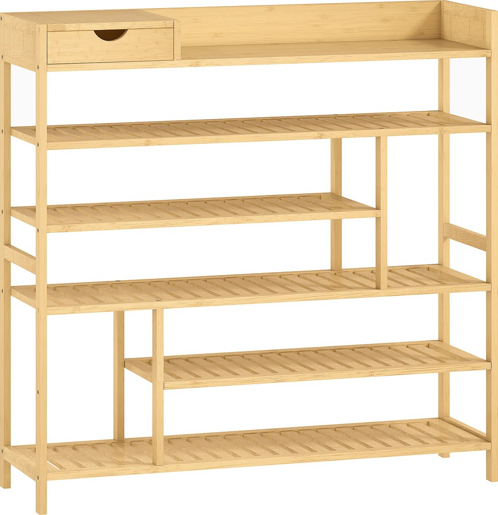 HOMCOM Botník, stojan na boty se 6 úrovněmi, bambusová zásuvka, pro max. 18 párů bot, botník do předsíně, ložnice, 101 x 30 x 100 cm, přírodní