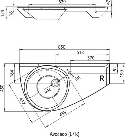 Ravak Avocado 85 x 45 cm XJ1L1100000 umyvadlo s otvory levé