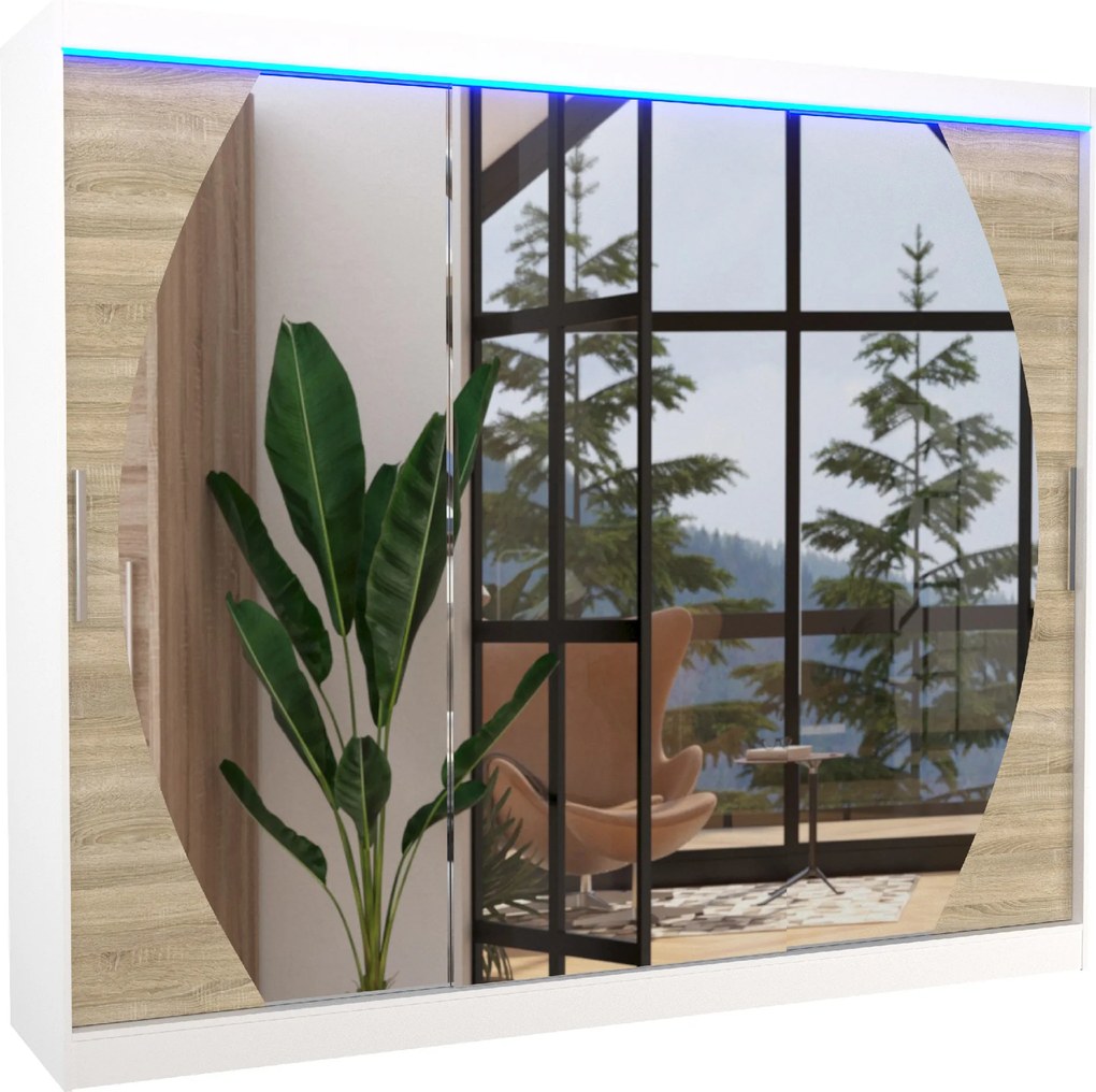 ADRK Furniture Posuvná skříň se zrcadlem a LED osvětlením CAMBE 250 SW-CAM-W+S-250+L-V387