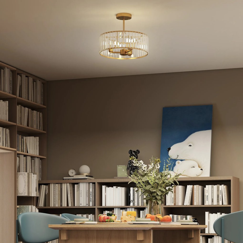 HOMCOM Stropní svítidlo, lustrový design, křišťálové stínidlo, 3 žárovky, kov, zlatá barva