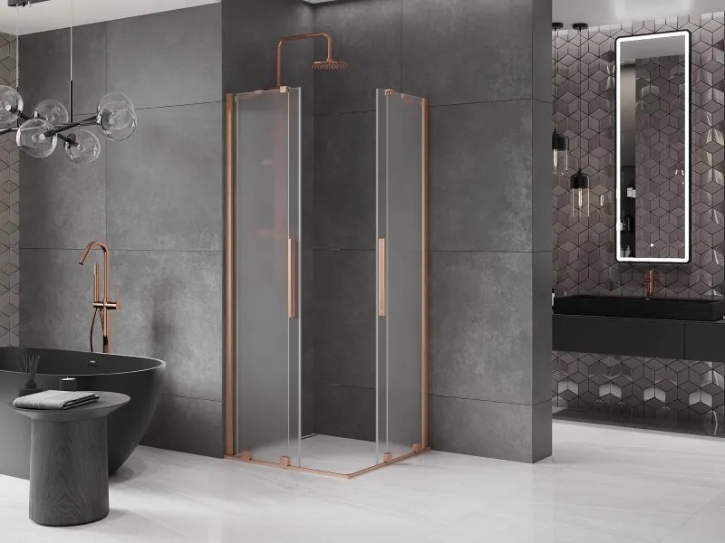 Mexen Velar Duo, sprchový kout s posuvnými dveřmi 80 x 80 cm, 8mm sklo námraza, měděná matná, 871-080-080-32-65