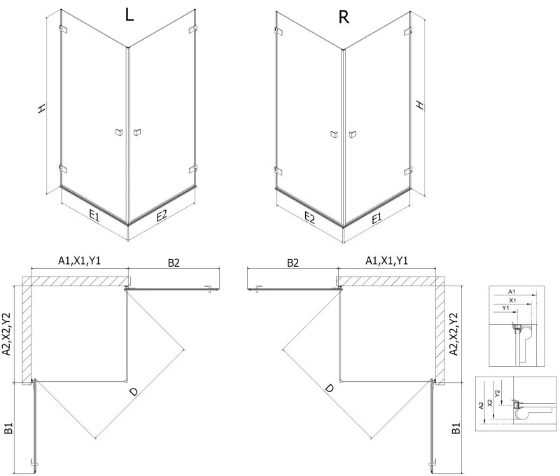Mexen Lunar-B Duo, výklopný sprchový kout 70 x 70 cm, 8mm čiré sklo, zlatý matný profil, 832-070L-070P-55-00