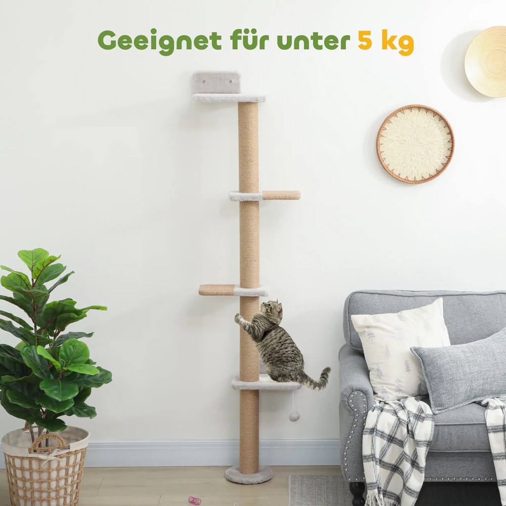 PawHut Kočičí škrabadlo, 5úrovňový design, hračky, sisalové sloupky, plyšová látka, světle šedé
