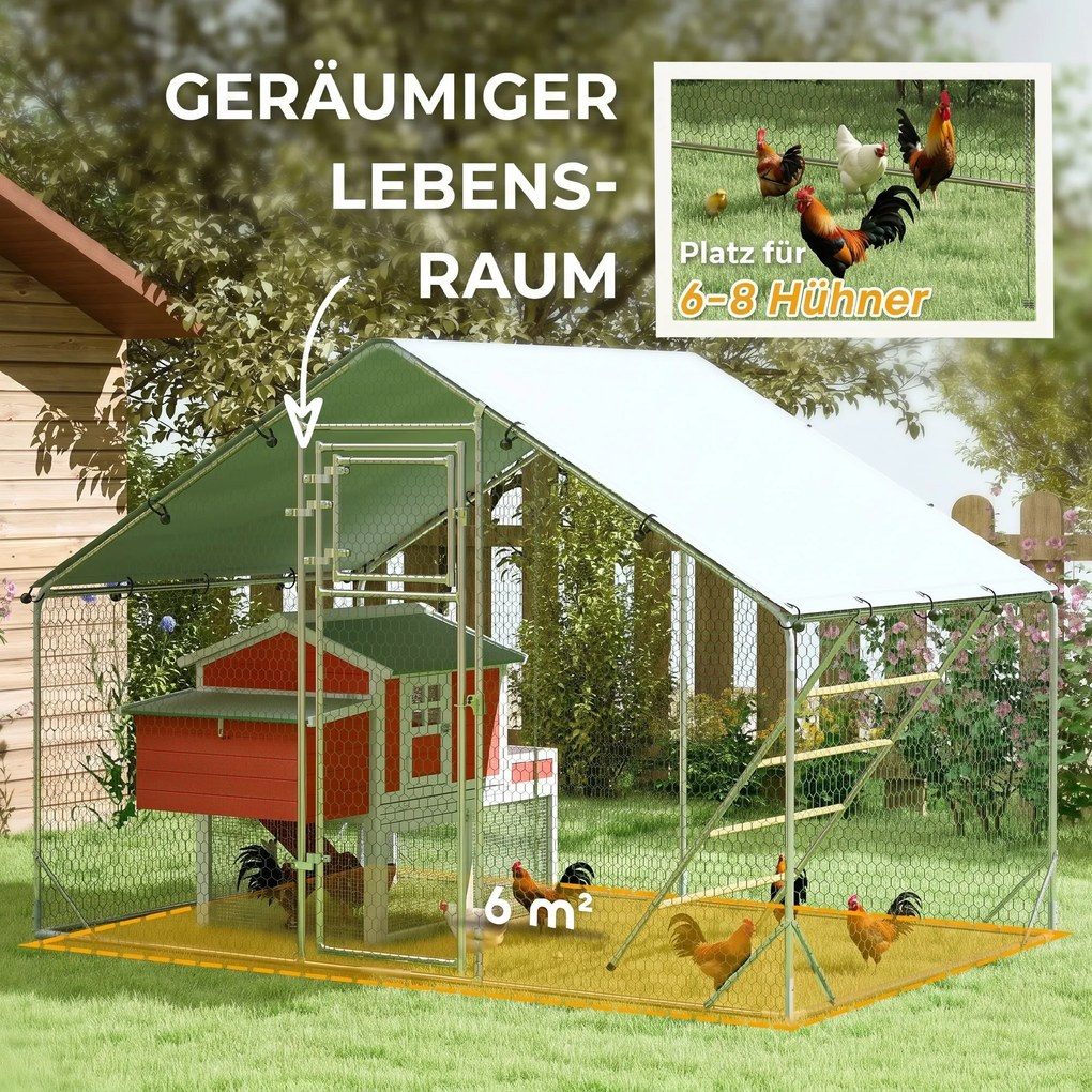 Ocelový výběh pro kuřata PawHut, 300 x 200 x 195 cm, klec pro kuřata s krytem odolným proti UV záření, dvířka na krmení, závěsné krmítko, bidýlko, vý…