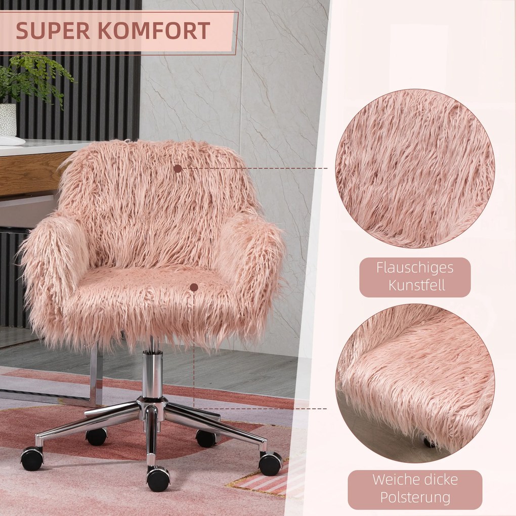 Kancelářská židle Vinsetto pro ženy, výškově nastavitelná kancelářská židle, ergonomická, umělá kožešina, růžová+stříbrná | Aosom