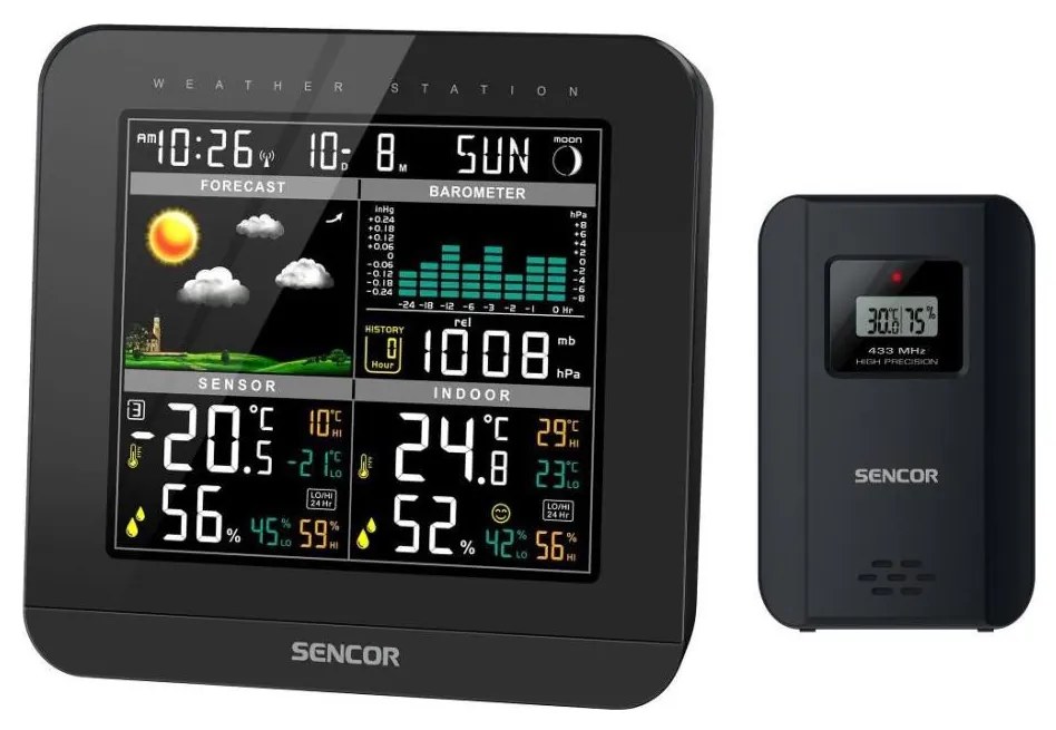 Sencor - Meteostanice s barevným LCD displejem a budíkem 3xAAA + 2x AA černá