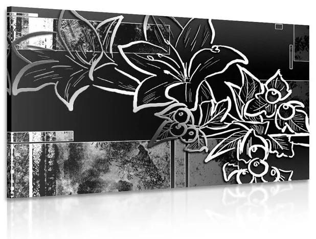 Obraz květinová ilustrace v černobílém provedení - 60x40 cm