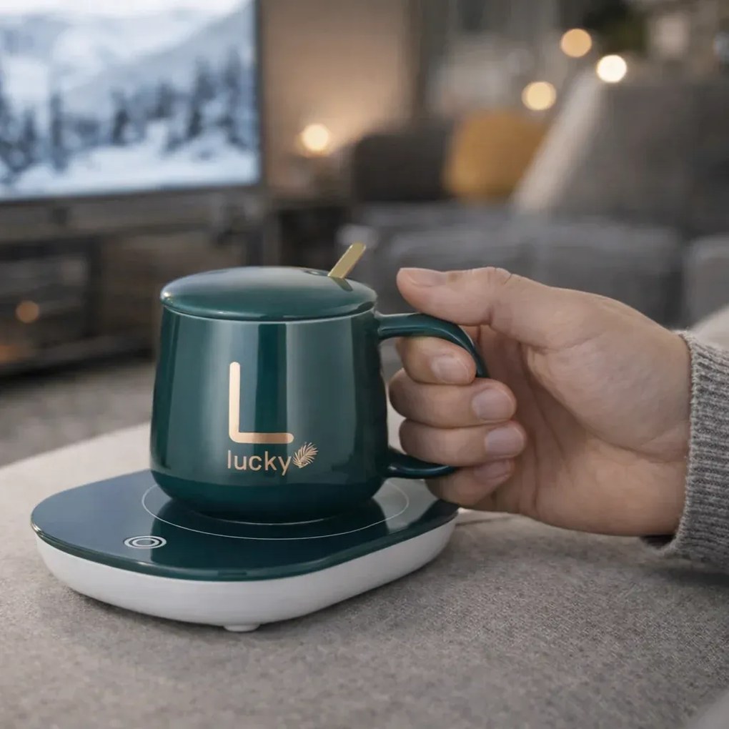 Sada keramického hrnku s elektrickým ohřívačem Lucky v dárkovém balení - green