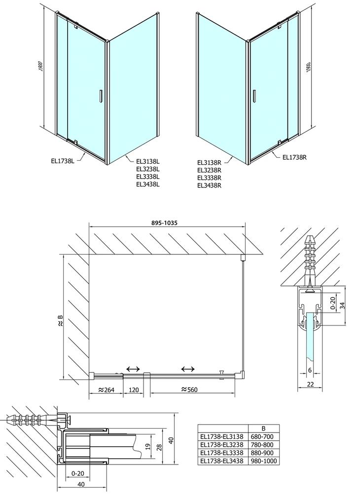 Polysan, Easy Line obdélníková/čtvercová sprchová zástěna pivot dveře 900-1000x1000mm L/P, brick sklo, EL1738EL3438