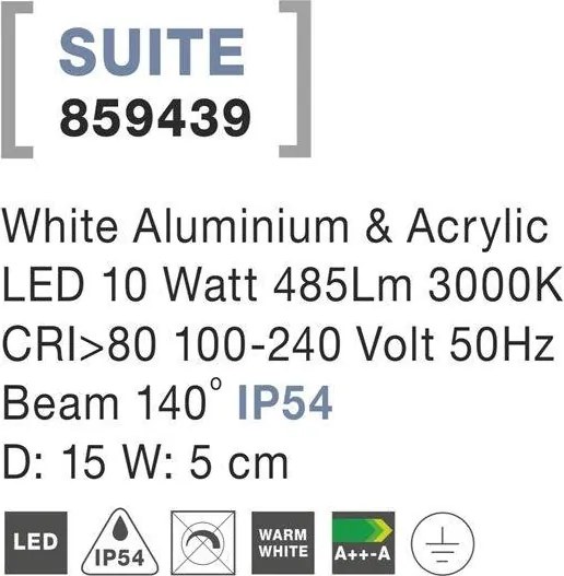 NV 859439 Venkovní nástěnné svítidlo SUITE bílý hliník a akryl LED 10W 3000K 100-240V 140st. IP54 - NOVA LUCE