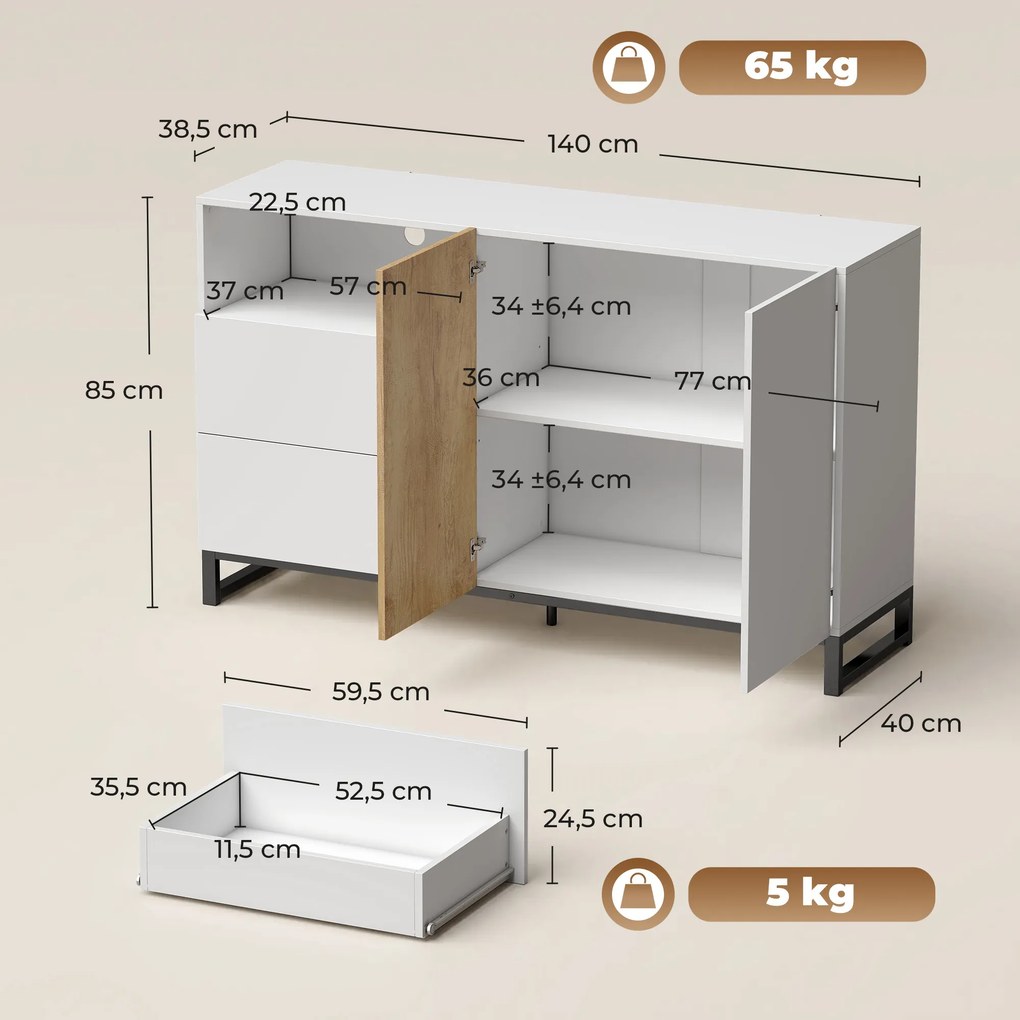 HOMCOM Komoda Moderní úložná skříňka se 2 dveřmi s tichým dovíráním a 2 zásuvkami 140x40x85 cm, bílá