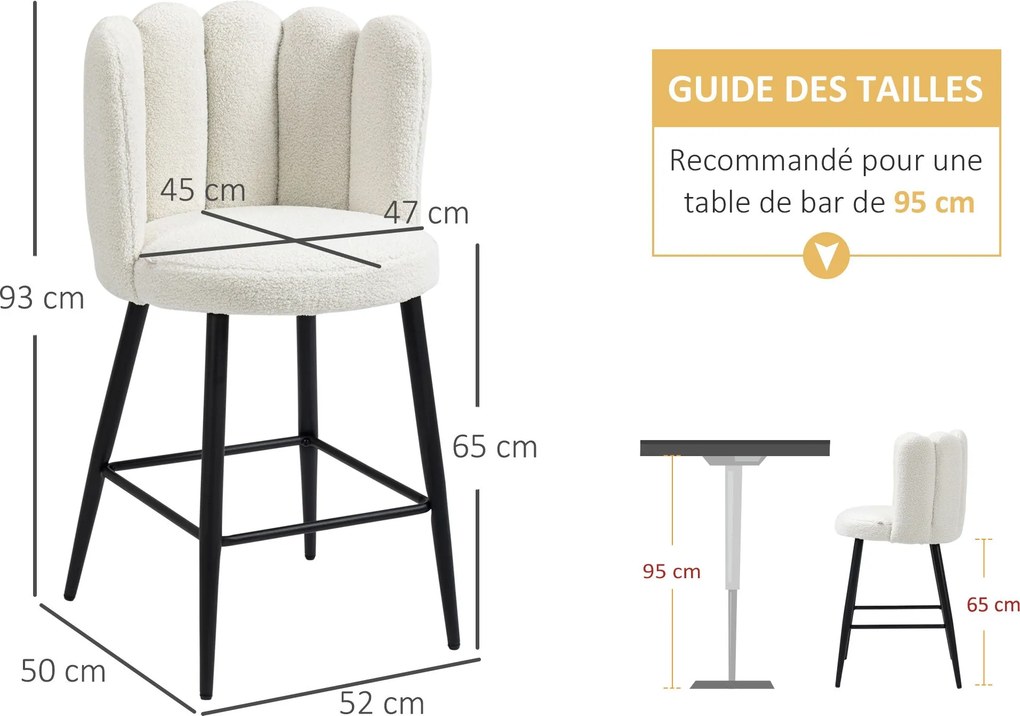 Barové Židle HOMCOM, Sada 2, Vysoké Křesla, textil s efektem smyčkované vlny, ocelový rám, výška 65 cm, s opěradlem a opěrkou nohou, snadná montáž, v…