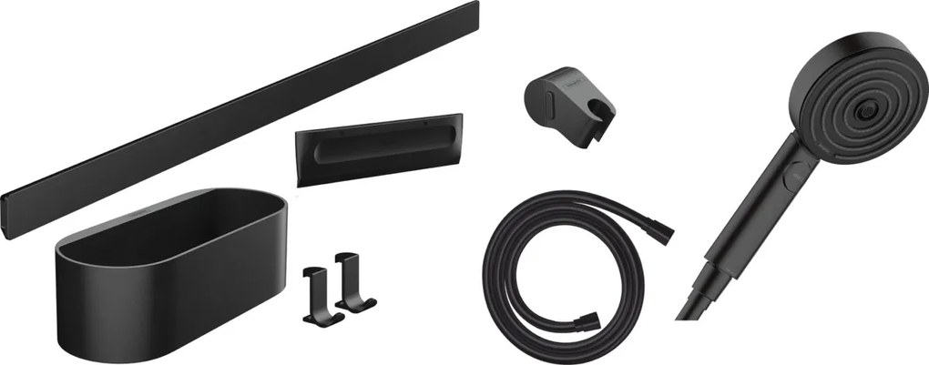 Hansgrohe WallStoris, sada ruční sprcha 105 3jet Activation EcoSmart, nástěnná tyč 700 mm, odkládací set, černá matná, HAN-24291670