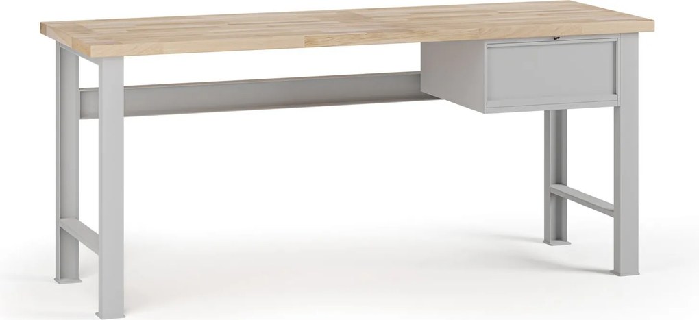Dílenský pracovní stůl G7, buková spárovka, 2000 x 800 x 840 mm, 1x kontejner, 1 zásuvka, šedá