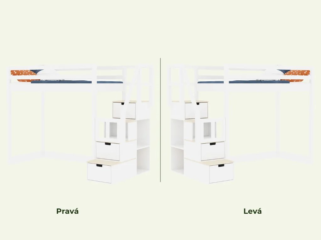 WoodPassion Zvýšená dřevěná postel PATRO s úložnými schody 90x200 cm Zvolte barvu: Bílá, Zvolte stranu: Vpravo
