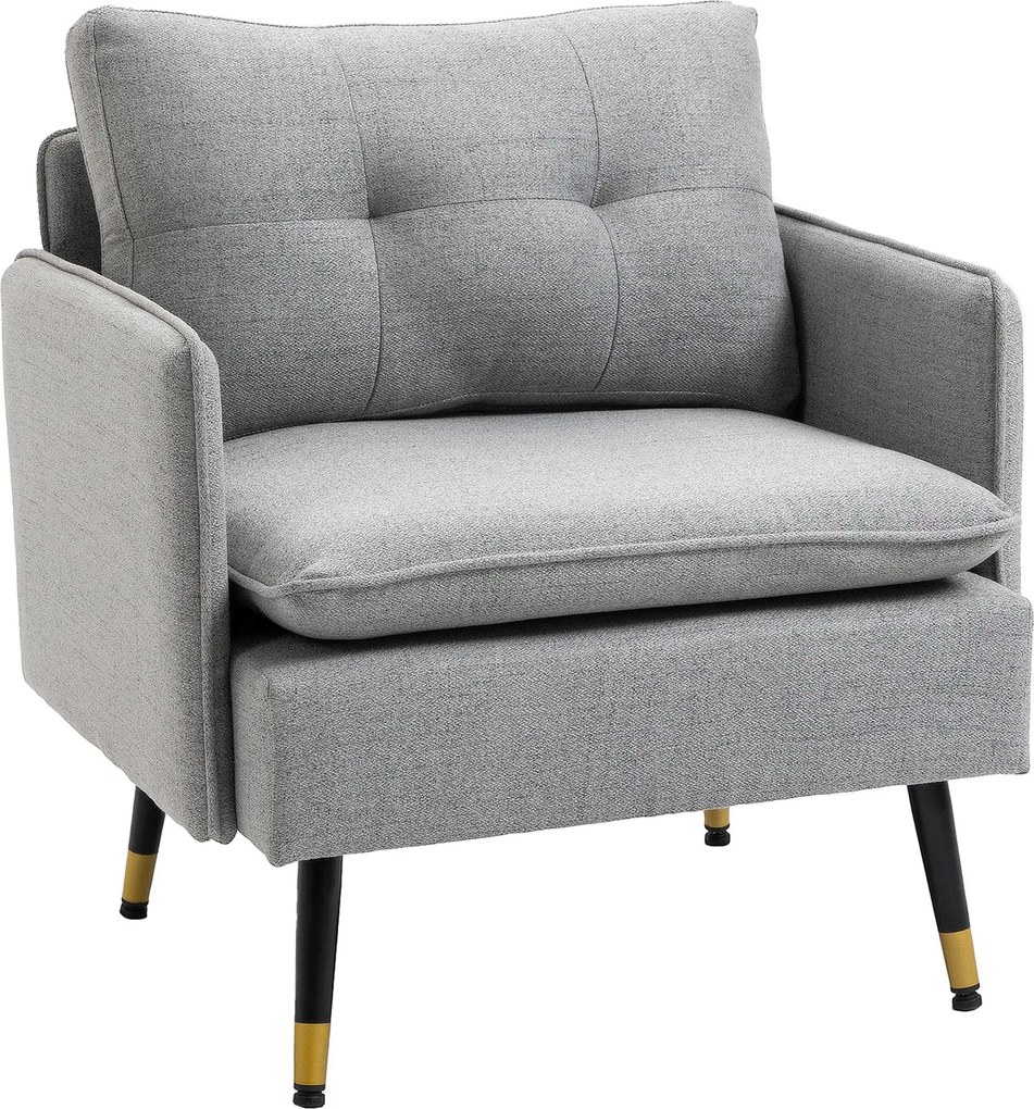 HOMCOM Čalouněné Křeslo s Polstrem, Lounge Pohovka v Lněném Vzhledu, Ocelové Nohy, pro Obývací Pokoj, Ložnici, Šedá, 76 x 68 x 80 cm | Aosom