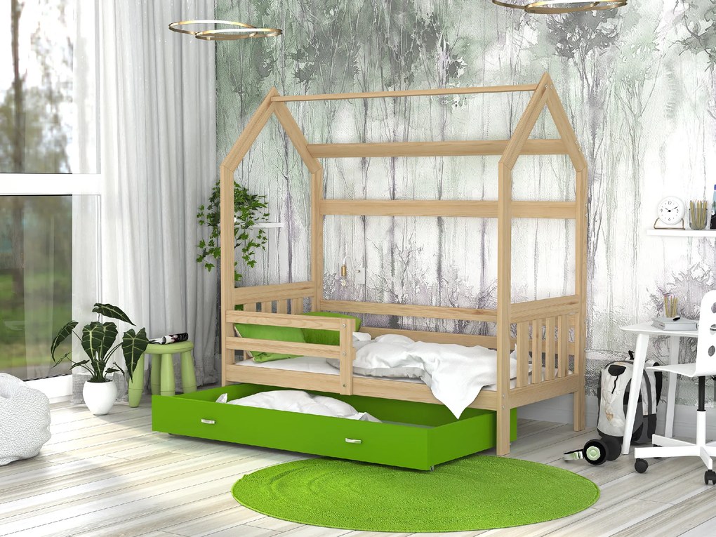 BabyBeds Dětská postel domeček se zábranou a úložným prostorem borovice Velikost postele: 160x80 cm, Barva šuplíku: Grafit