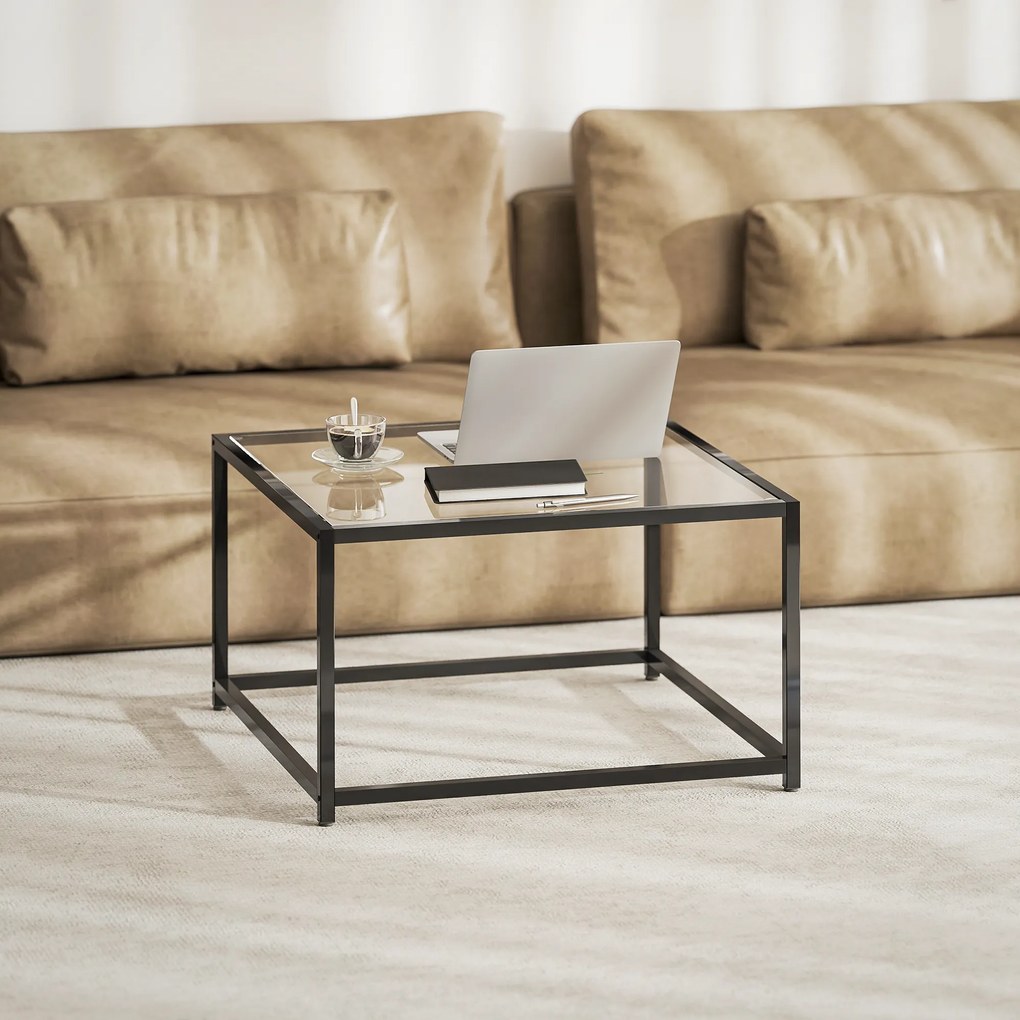 HOMCOM Odkládací stolek čtvercový, noční stolek s deskou z tvrzeného skla, konferenční stolek s nohami z oceli, 68 x 39 cm, černý