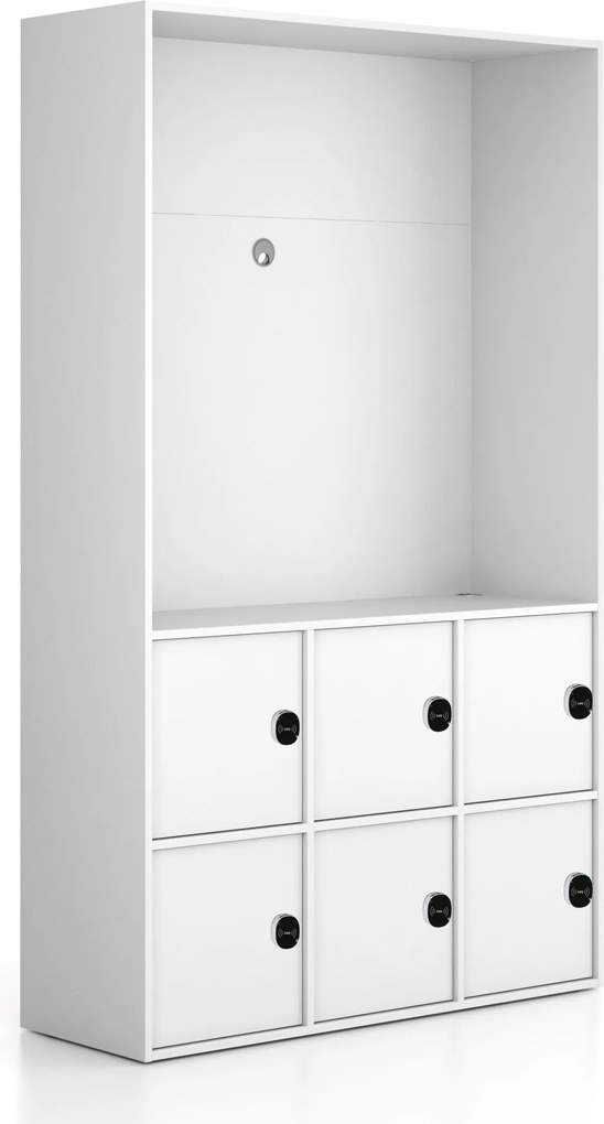 Kancelářská skříň FRAME, 6x dveře, prostor pro TV, 1299 x 450 x 2162 mm, RFID zámek, bílá