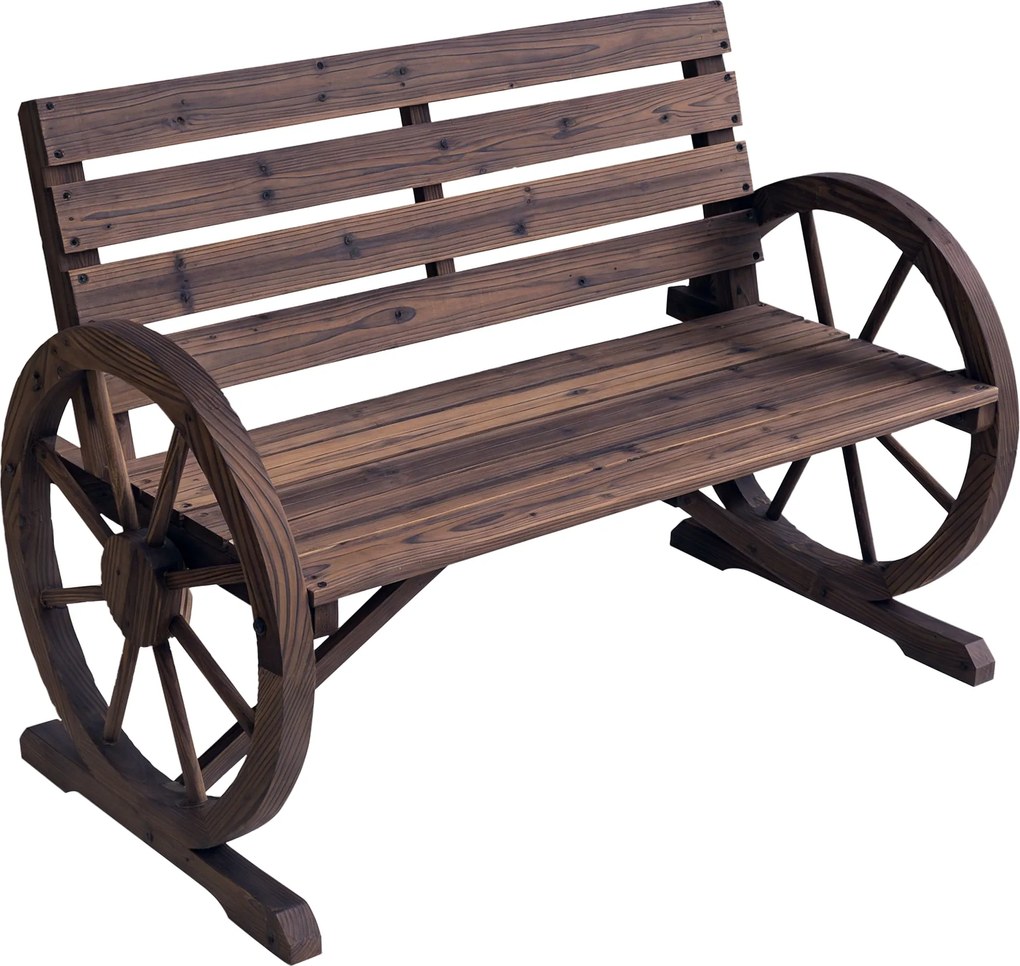 Outsunny Zahradní Lavice Dřevěná Rustikální Lavice s Kolečkovými Opěrkami Wagon Wheel Lavice Venkovní Lavice Terasová Lavice Parková Lavice z Masivníh