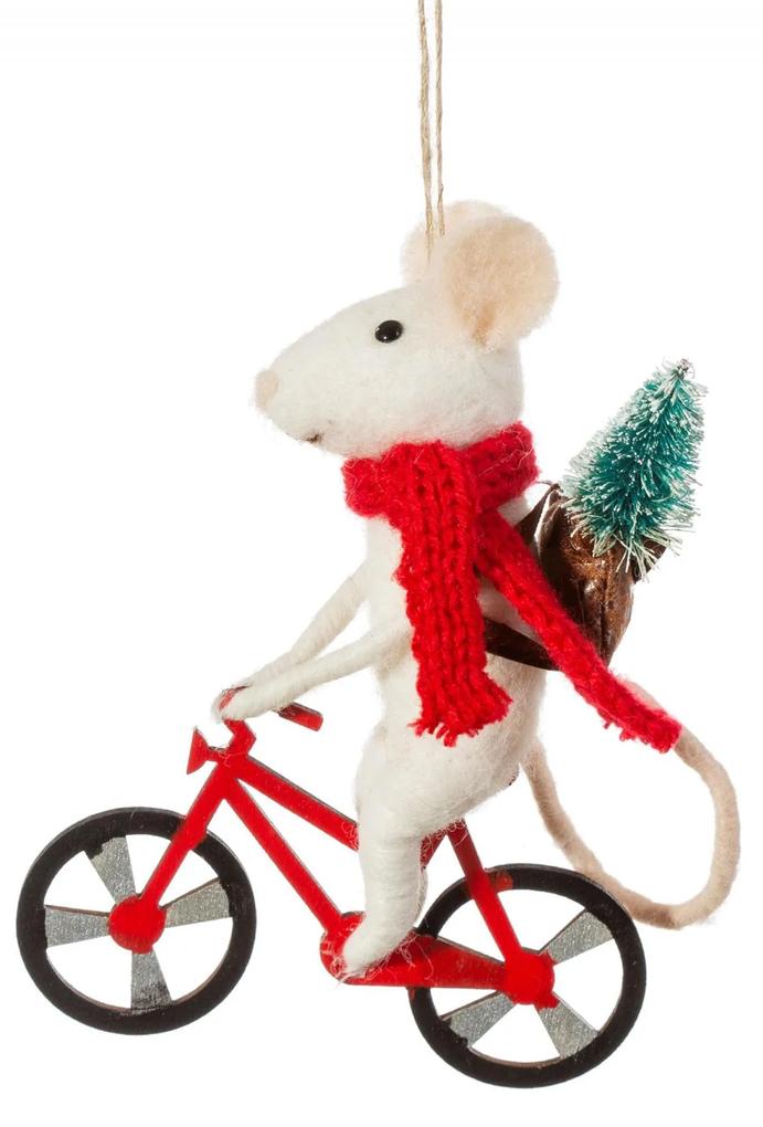 sass & belle Plstěná vánoční ozdoba Bicycle Delivery Mouse, červená barva, bílá barva, dřevo, textil