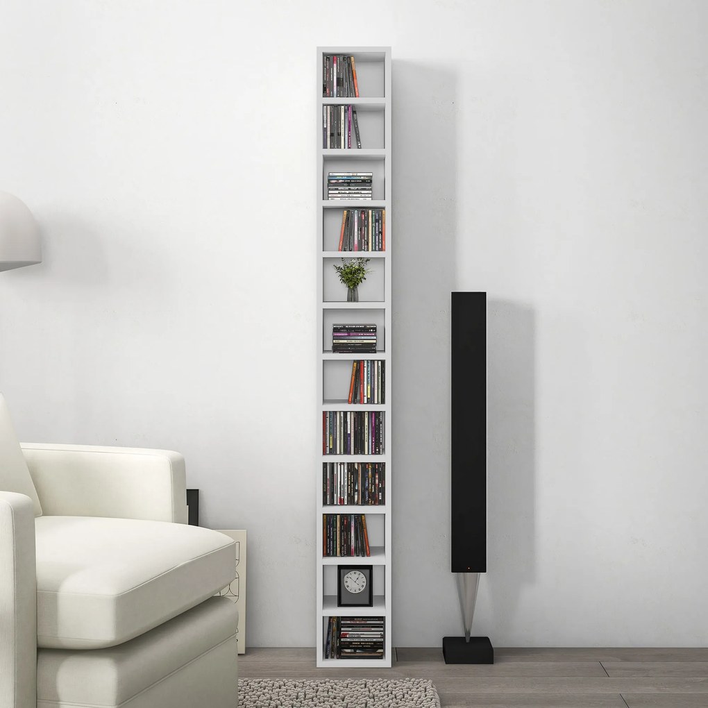 HOMCOM Úložný sloupec na CD a DVD, regál s 12 přihrádkami, kapacita max. 204 CD, 21 x 20 x 175 cm, bílá