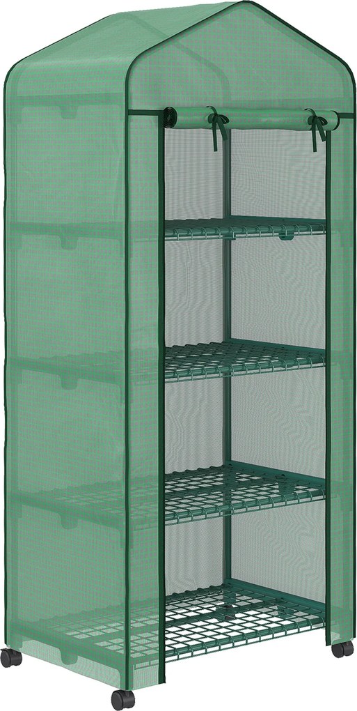 Zelený skleník Outsunny s kolečky, policemi, zimní fólií z oceli, studený rám pro balkon, zahradu, dům na rajčata 69 x 50 x 165 cm, skleník na rajčata