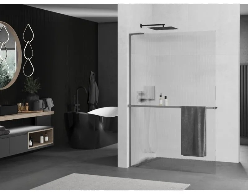 Mexen Kioto+ L, sprchová zástěna Walk-In s poličkou a věšákem 80 x 200 cm, 8mm sklo s žebrovým vzorem, grafitový profil, 800-080-123-95-09