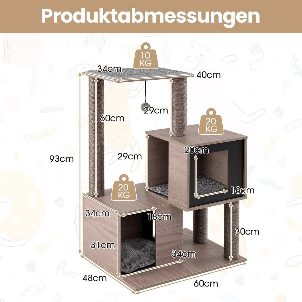Costway Moderní škrabadlo pro domácí kočky 94 cm patrová dřevěná věž