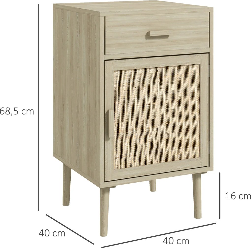 HOMCOM Set 2 nočních stolků s ratanovým šuplíkem a nastavitelnou policí do ložnice nebo obývacího pokoje 40x40x68,5 cm Dub