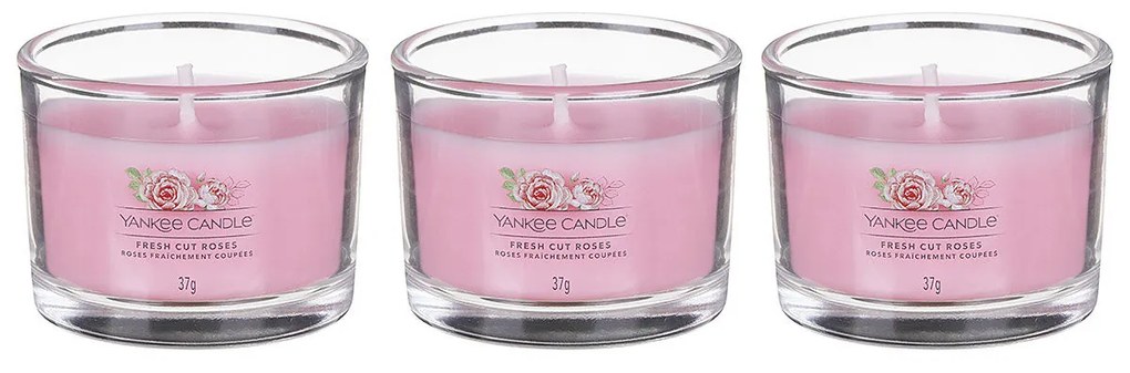 Yankee Candle Sada Votivní svíčky ve skle Fresh Cut Roses, 3 x 37 g