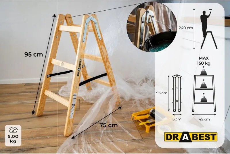 Dřevěné malířské štafle 2x3 stupně oboustranné DRABEST DREW 2x3 PRO