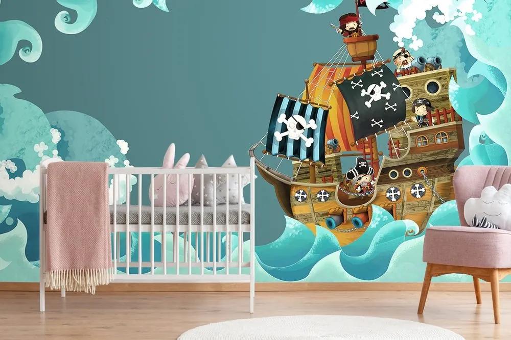 Tapeta dětská pirátská loď v rozbouřeném moři - 225x150 cm