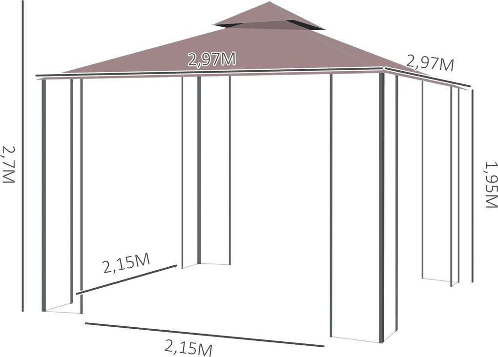 Zahradní altán Outsunny s moskytiérou a bočními panely, party stan s dvojitou střechou, zahradní gazebo 2,97x2,97m