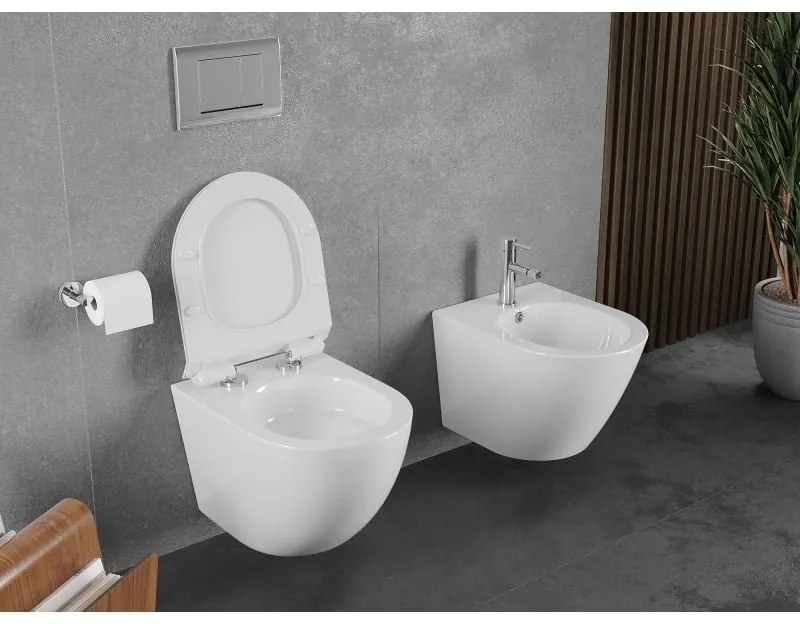 Mexen Lena, závěsná WC mísa 490x360x340 mm, Rimless Tornádo + toaletní WC sedátko z duroplastu, bílá lesklá, 30224000T