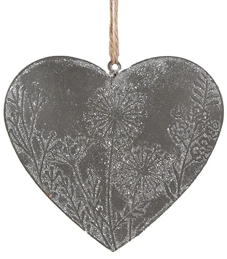 Šedé antik plechové ozdobné závěsné srdce s květy - 11*2*10 cm