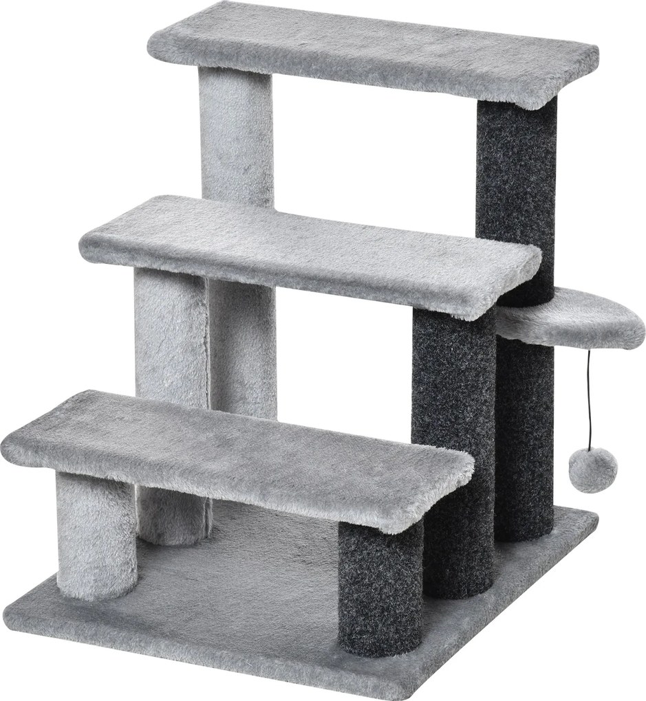 PawHut Kočičí Schody 3-Krokové Domácí Schody pro Mazlíčky se Škrabacími Sloupky a Míčkem pro Psy až 5 kg, Plyš Juta Šedá 45 x 40 x 48 cm | Aosom