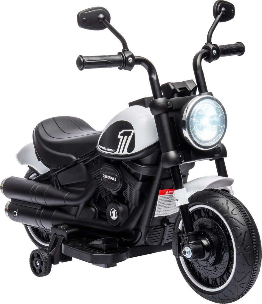 Dětská motorka HOMCOM - Elektrická motorka pro děti s 2 odnímatelnými tréninkovými koly, 3 km/h, pro děti od 1,5 do 3 let, Bílá, 76 x 42 x 57 cm
