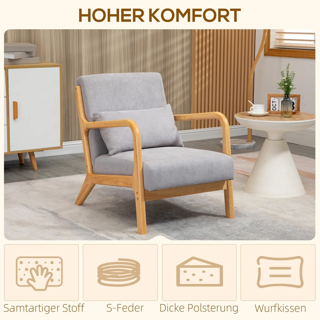 HOMCOM Lounge Křeslo Nordic Křeslo Obývací Pokoj S Rukama Polštář a Rám z Kaučukovníku pro Ložnici Nosnost 120 kg 61x78x76 cm Šedé