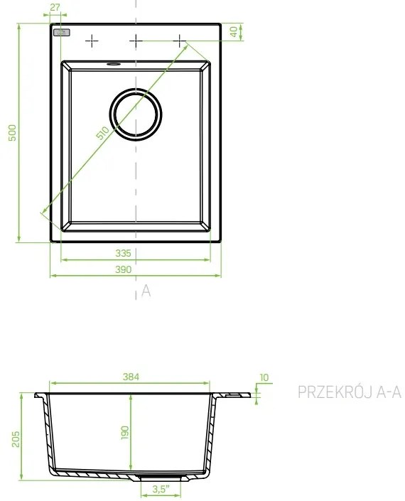 Laveo Monchichi, 1-komorový granitový dřez 390x500x205 mm, černá, LAV-SBO_710Y