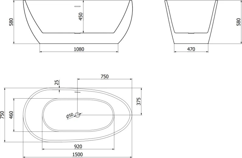 Mexen Eos, volně stojící vana 150 x 75 cm, bílá, grafitový přepad, 52471507500-66
