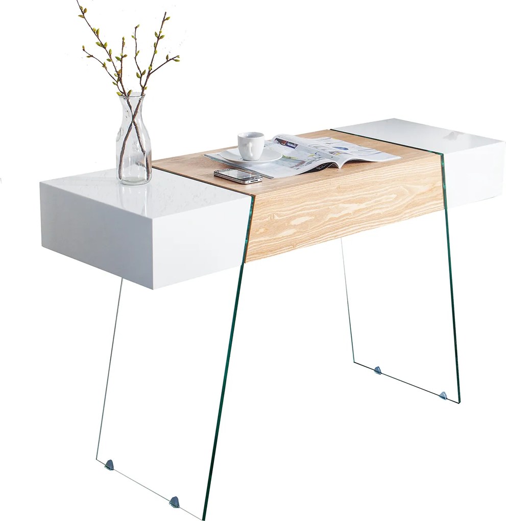 Konzolový stolek Omise, 120 cm, bílá/sklo/dub